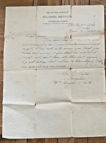 WW1 1916 ARMY CHAPLAINS LETTER PTE L NUTTER CANADIAN MOUNTED RIFLES WIA ...