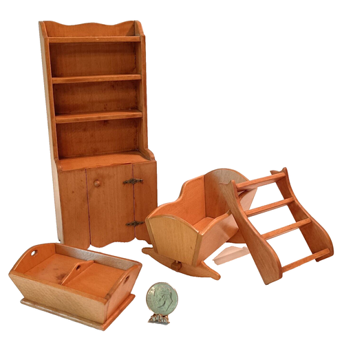 Vntg. Artisan Dollhouse Shaker style Dough box, Cradle, Shelf, Cupboard ...
