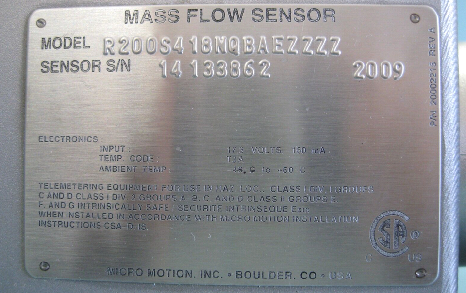 2" 150# Micro Motion R200 Mass Flow Sensor 700 Core Processor ...