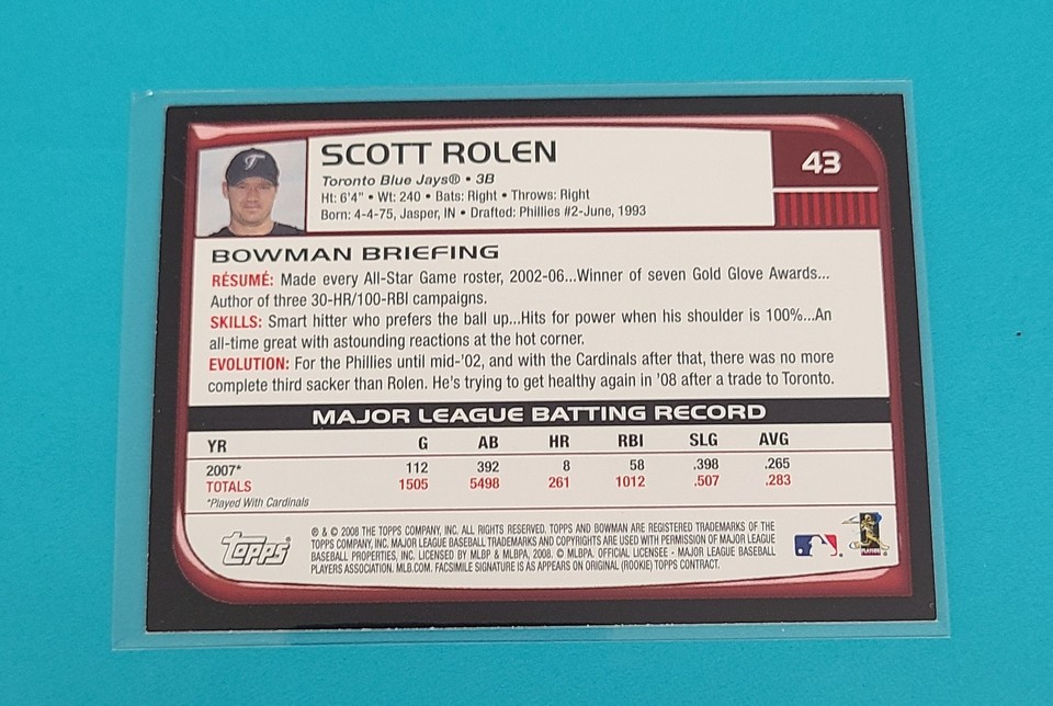 2008 Bowman #43 Scott Rolen Toronto Blue Jays Baseball Card K3 | eBay