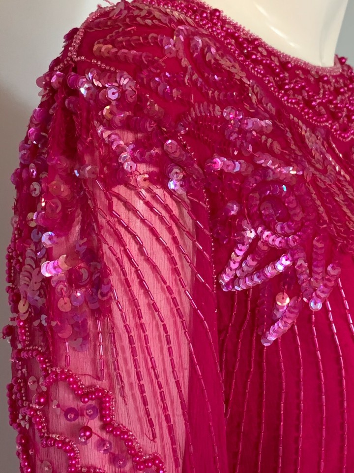 Vintage Hot Pink 100% Silk Beaded Sequined Semi Sheer India Top & Skirt ...