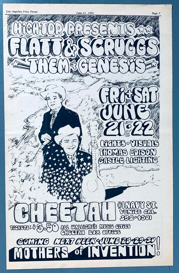 LESTER FLATT & EARL SCRUGGS 1968 vintage POSTER ADVERT CONCERT CHEETAH ...