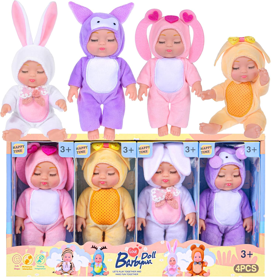 4 Pcs 7 Inch Baby Dolls with Adorable Animal-Themed Outfits - Cute PVC ...