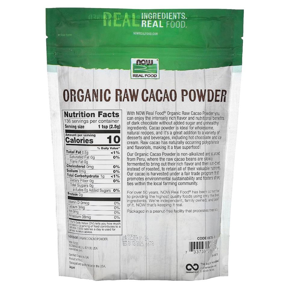 NOW Foods Organic Raw Cacao Powder, with Polyphenols and Flavonols, Sun ...