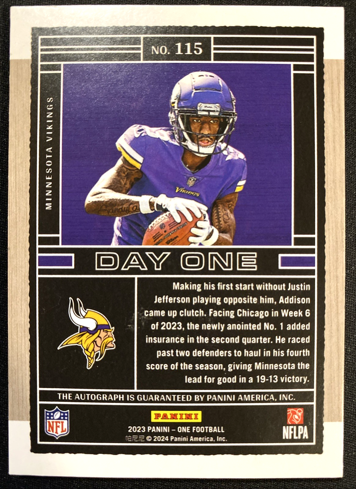 Jordan Addison 2023 Panini One Day One Red On Card Rookie Auto /25 RC ...