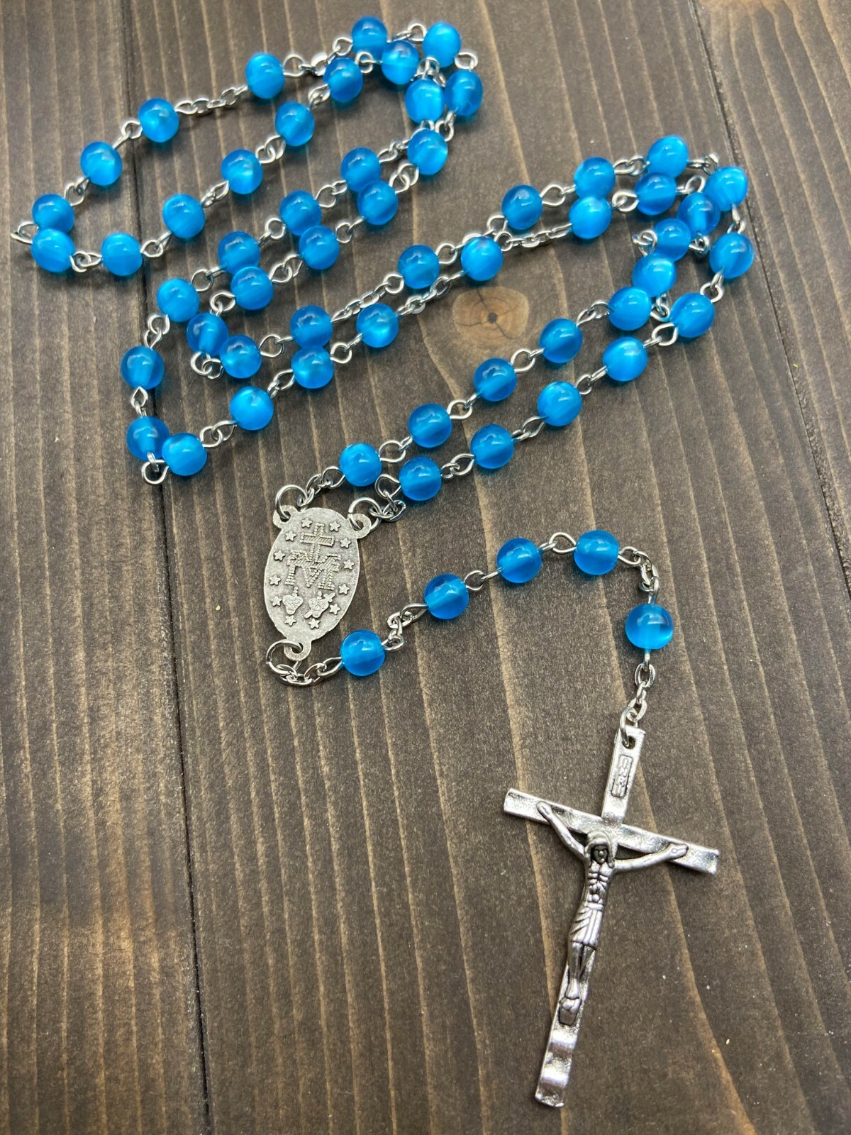 Light Blue Rosary Beaded Chaplet Necklace Miraculous Medal Cross | eBay