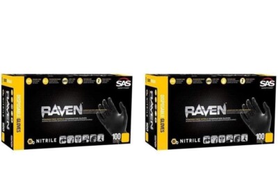 SAS RAVEN Black Nitrile Gloves Powder & Latex Free 7mil, 2 PACK/100/Box ...