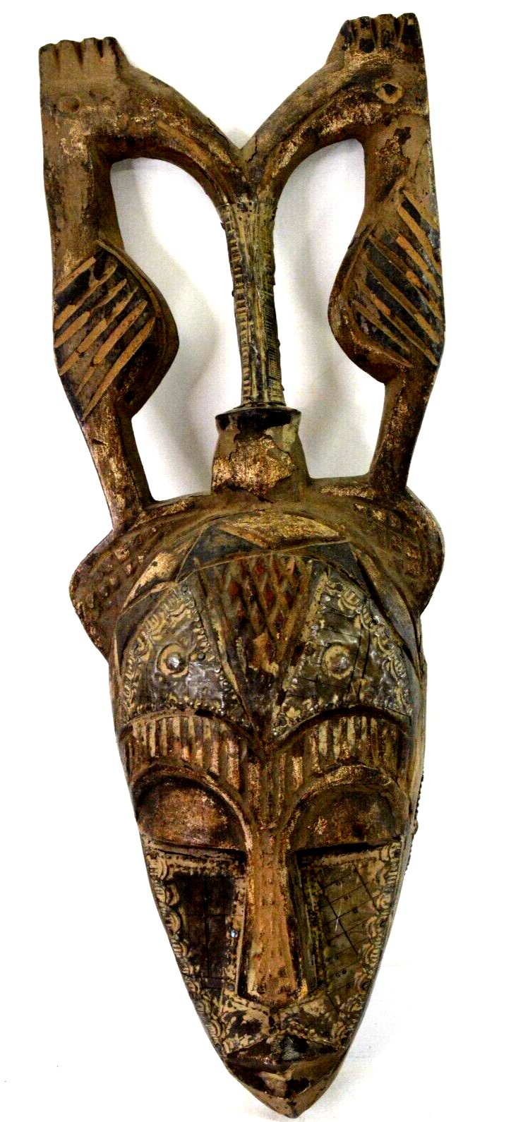 Ornate Carved Wood African Tribal Wall Mask with Headdress and Metal ...