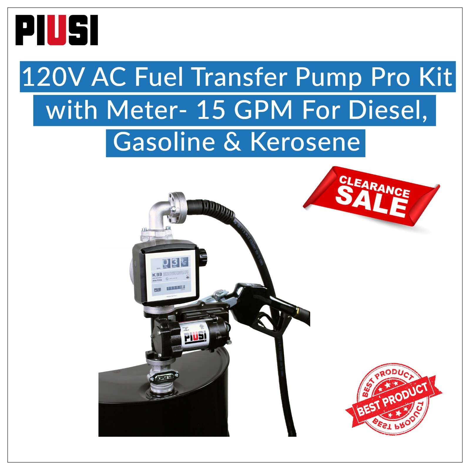 PIUSI EX50 120V AC Fuel Transfer Pump Pro Kit with Meter & Auto Nozzle ...