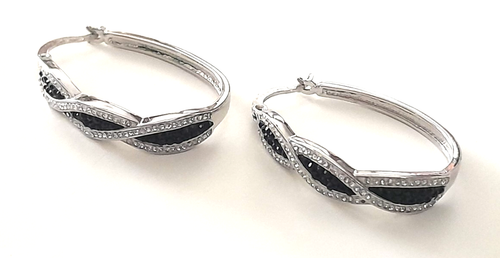 ATI BR CH Black & Clear Crystals 1.5" Curve Hoop Earrings GUC Silver ...