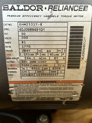 BALDOR ABB 30HP 1770RPM 286T OPSB 200V 3PH F1 HVAC SUPER-E MOTOR ...