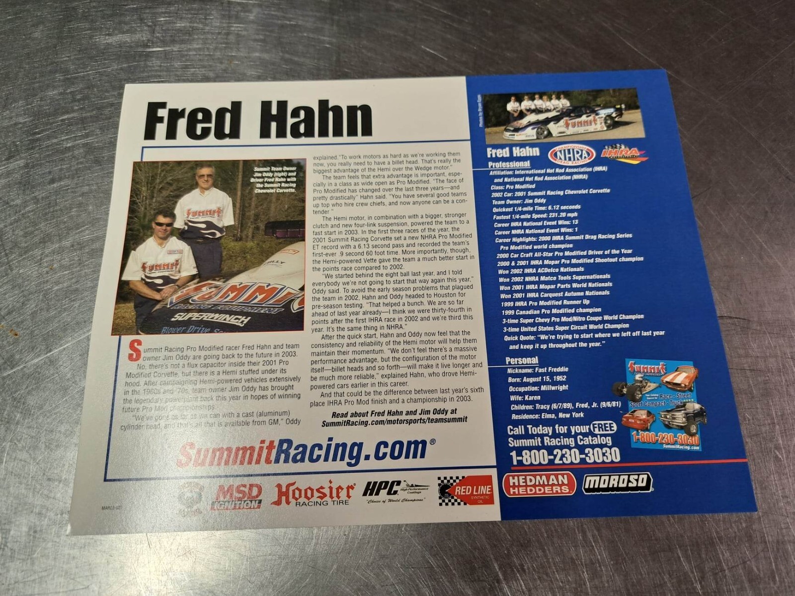 NHRA Fred Hahn Promotional Card Handout 8.5x11 | eBay