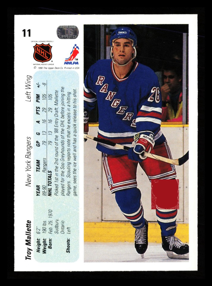Troy Mallette 1990-91 Upper Deck Hockey NHL #11b New York Rangers | eBay