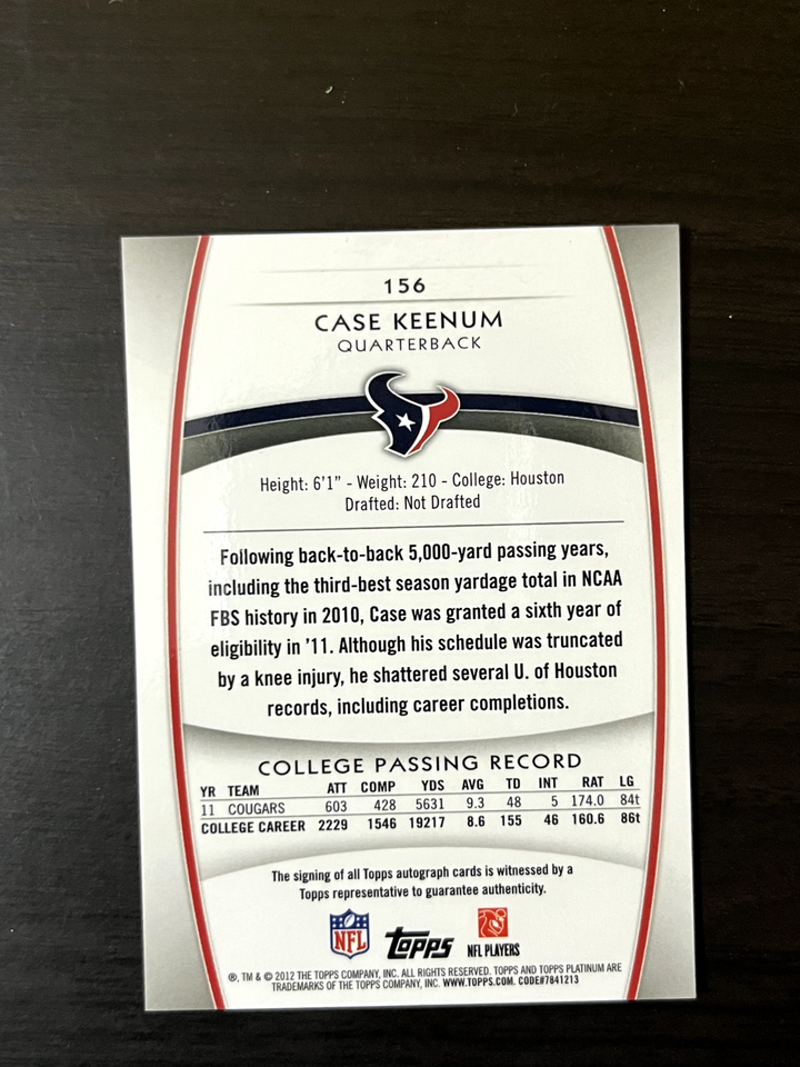 Case Keenum 2012 Topps Platinum Rookie Autograph #156 RC Auto Signature ...