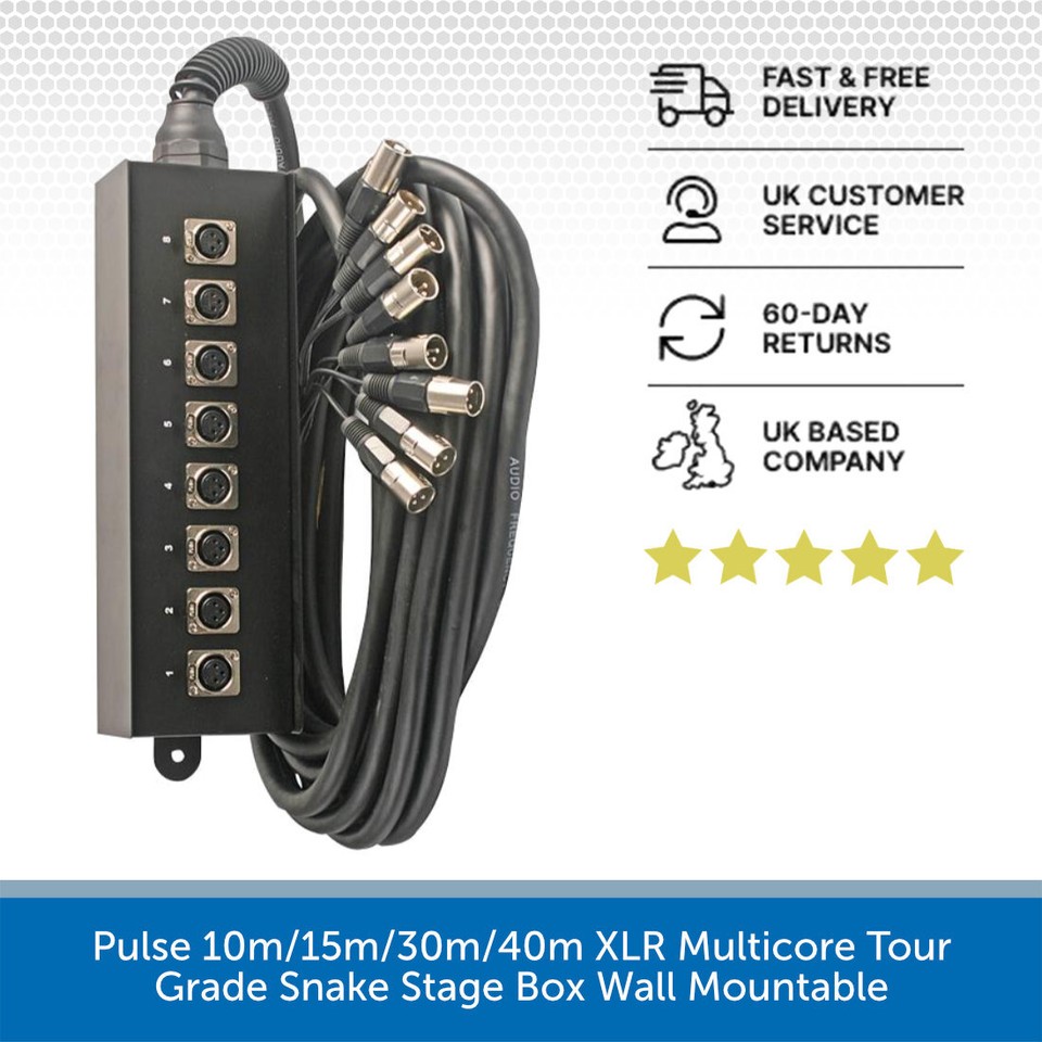 Pulse 10m/15m/30m/40m XLR Multicore Tour Grade Snake Stage Box Wall ...
