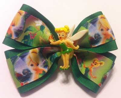 Girls Hair Bow 4" Wide Tinkerbell Green Yellow Grosgrain Ribbon French ...