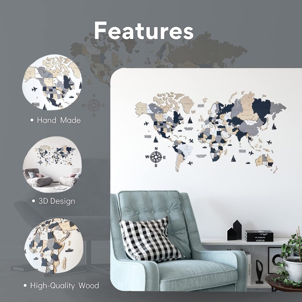 Wooden World Map 3D Art Large Wall Decor - Size (M, L, XL) Any Occasion ...