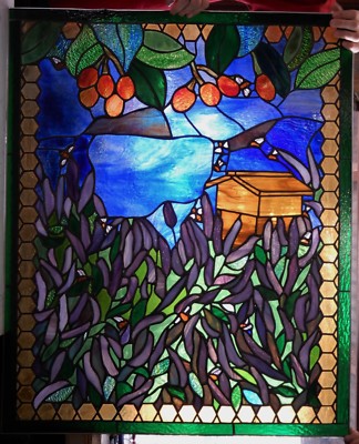 LAVENDER BEES framed in steel ORIGINAL DESIGNER GLASS LEADLIGHT WINDOW ...