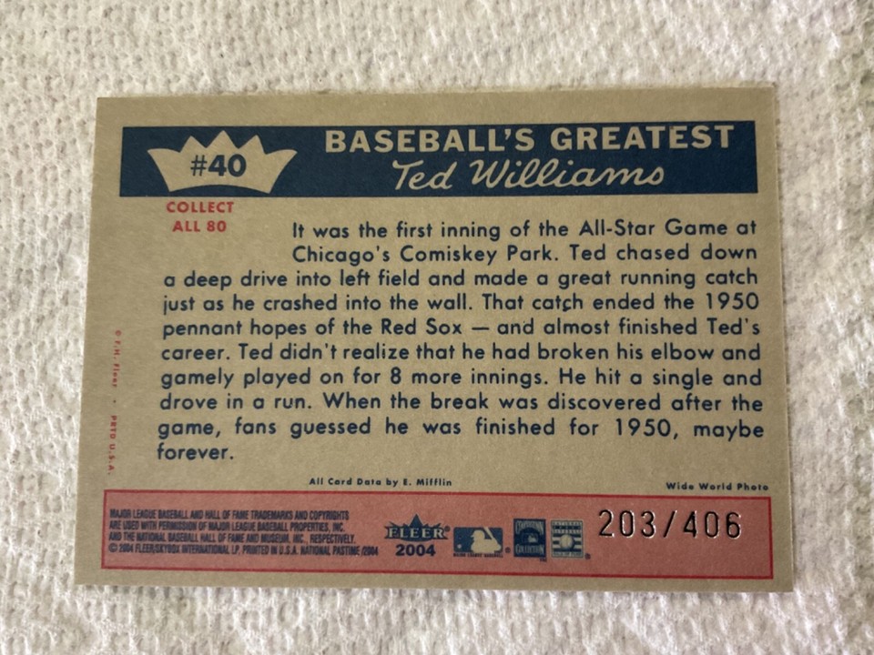 2004 National Pastime #40 TED WILLIAMS 1959 Fleer Reprints 203/406 PACK ...