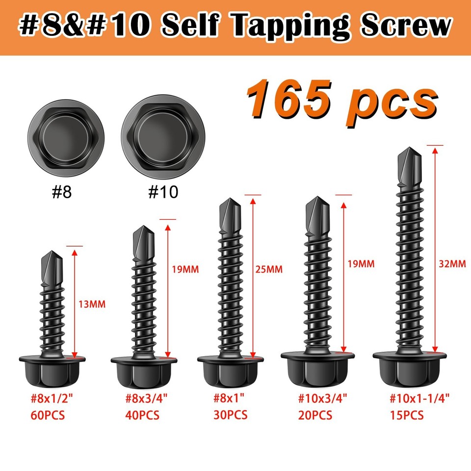 165Pcs #8#10 Self Tapping Screws, Sheet Metal Screws, 410 Stainless ...