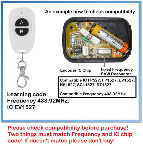 Universal Learning Code (IC EV1527) Garage Door Gate Remote Control 433 ...