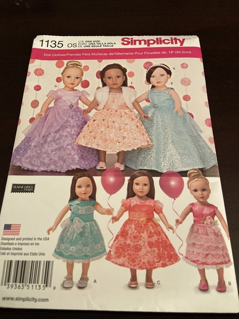 Simplicity Pattern 1135 18" Doll Clothes Party Dresses for sale online ...