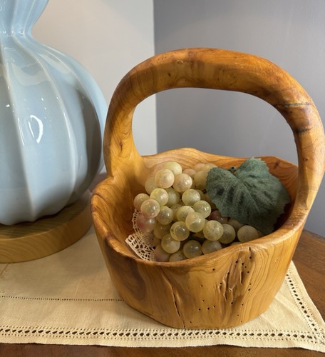 Hand Carved Burl Wood Bowl, Wood Basket, Knobby Wood Handled 8.5” W x 9 ...