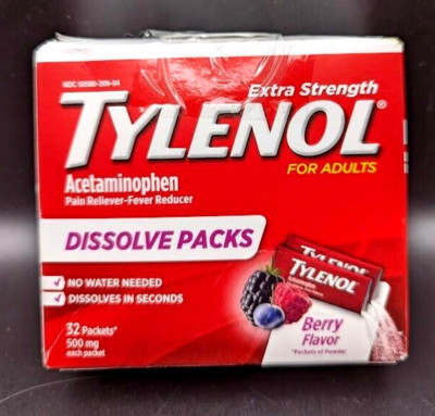 Tylenol Extra Strength Acetaminophen Dissolve Packs Berry 32 ct Exp 02/ ...