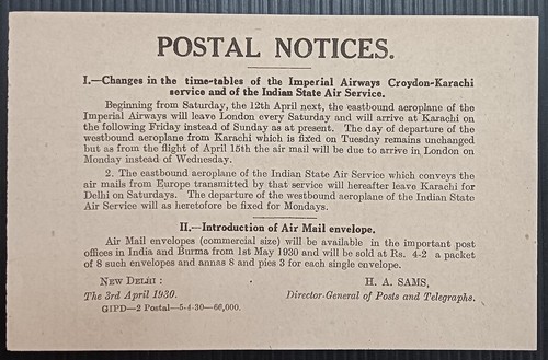 India POSTAL NOTICE 3-4-1930 Introduction of Air Mail Envelope ...