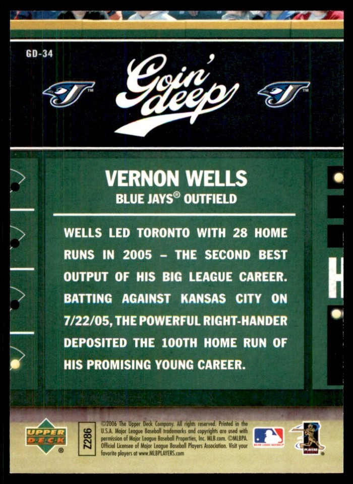 2006 Upper Deck First Pitch Goin Deep Vernon Wells Toronto Blue Jays # ...
