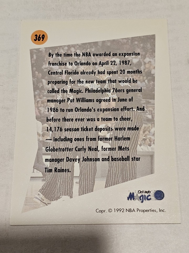 1991-92 SkyBox Orlando Magic Basketball Card #369 Orlando Magic | eBay