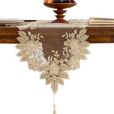 White Gold Beaded Embroidered Lace Table For RUNNER for Dining Table ...