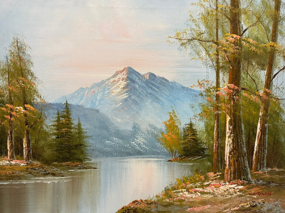 Original Oil On Canvas Painting Signed G. Whitman River Mountain ...