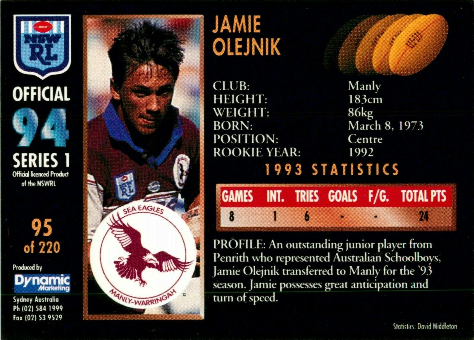 1994 MANLY SEA EAGLES NRL Card JAMIE OLEJNIK | eBay Australia