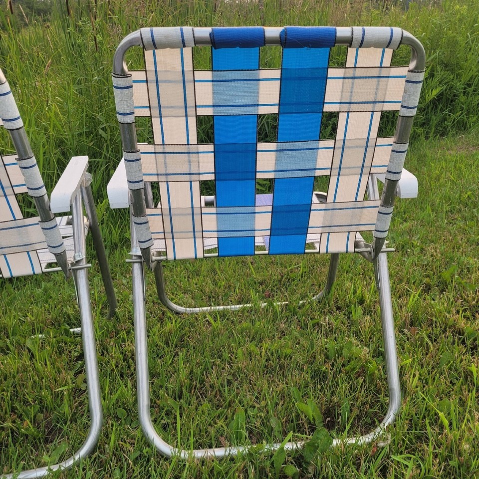 2 Vintage Sunbeam Folding Aluminum Lawn Chairs White Blue Outdoor Nylon ...