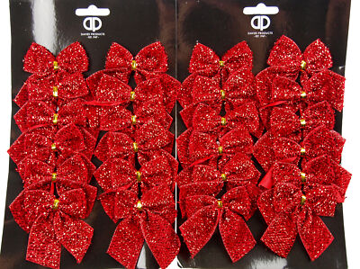 24 Mini Red Glitter Bows With Ties - Christmas Tree Decorations / Craft ...