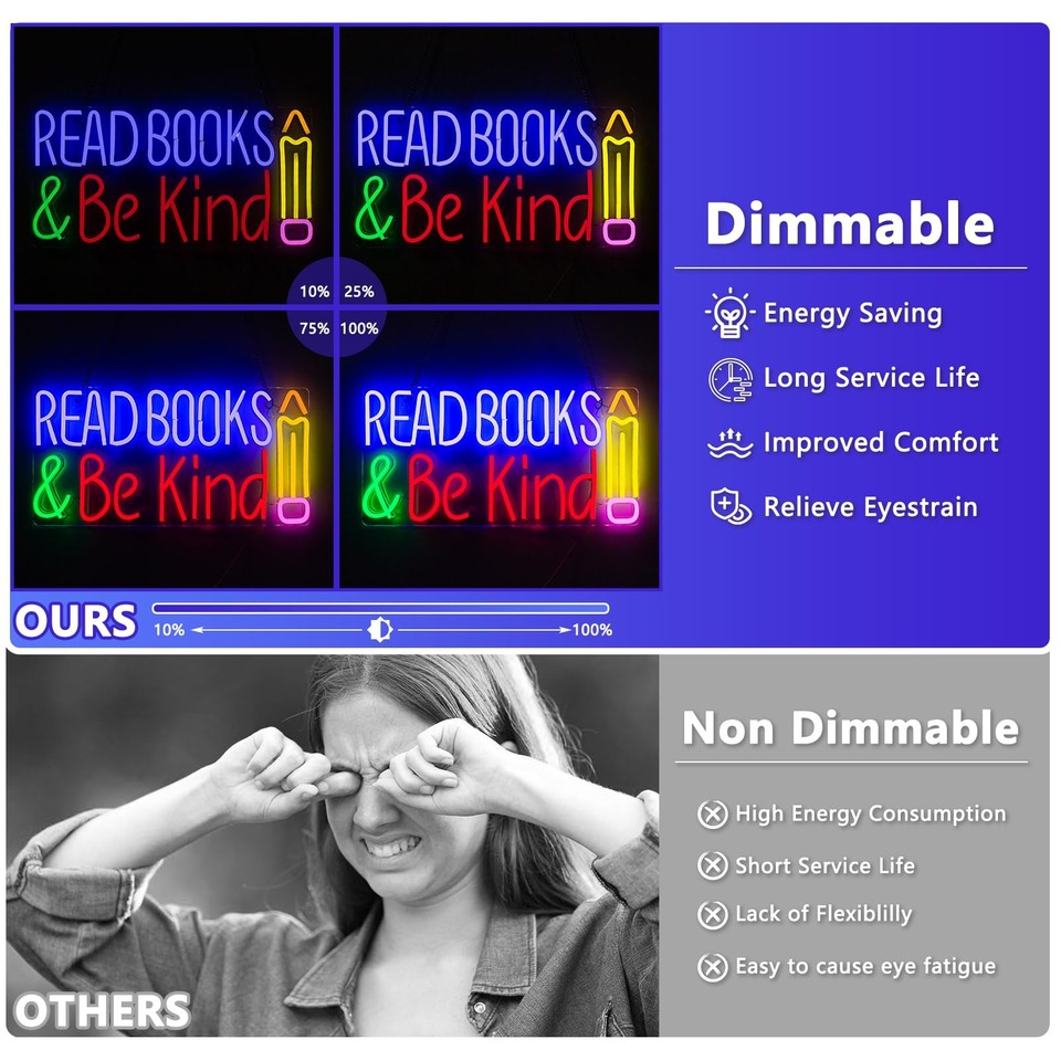 Read Books and Be Kind Neon Sign, Neon Signs for Wall Decor, Dimmable ...