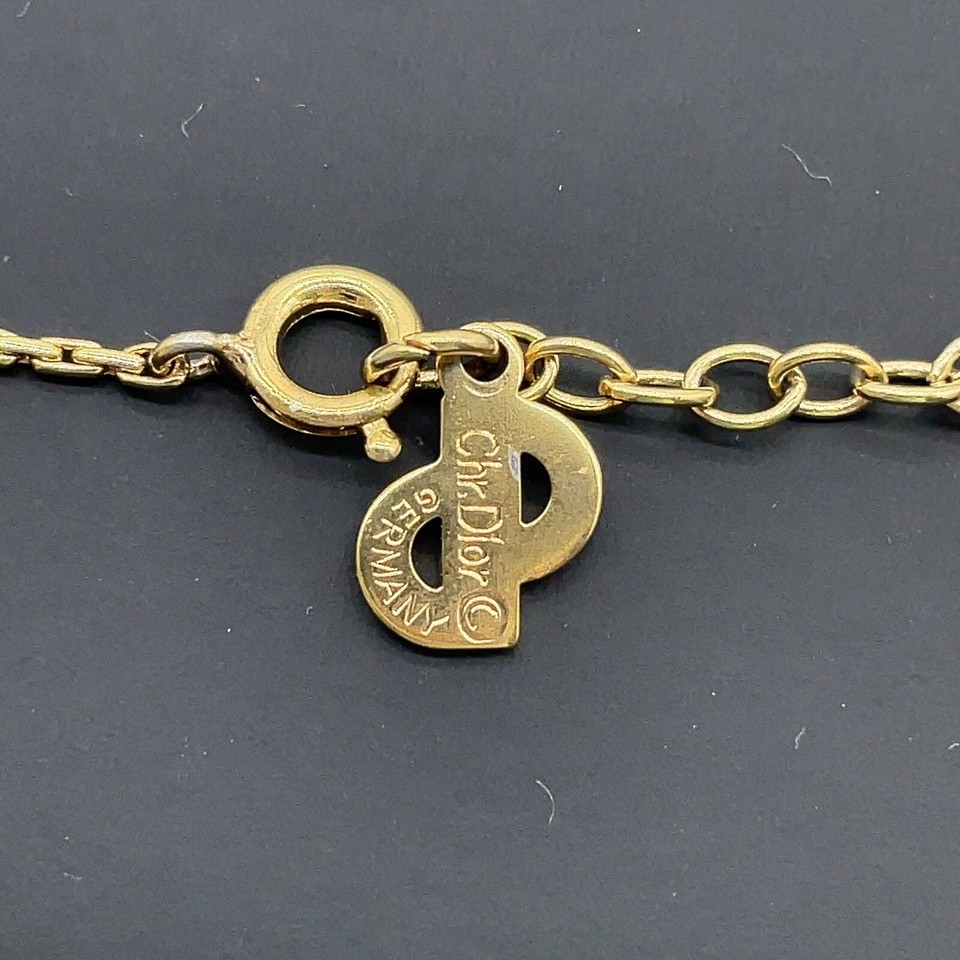 Auth Christian Dior Oval/CD Logo Rhinestone Gold Necklace 15.92g Set2 ...