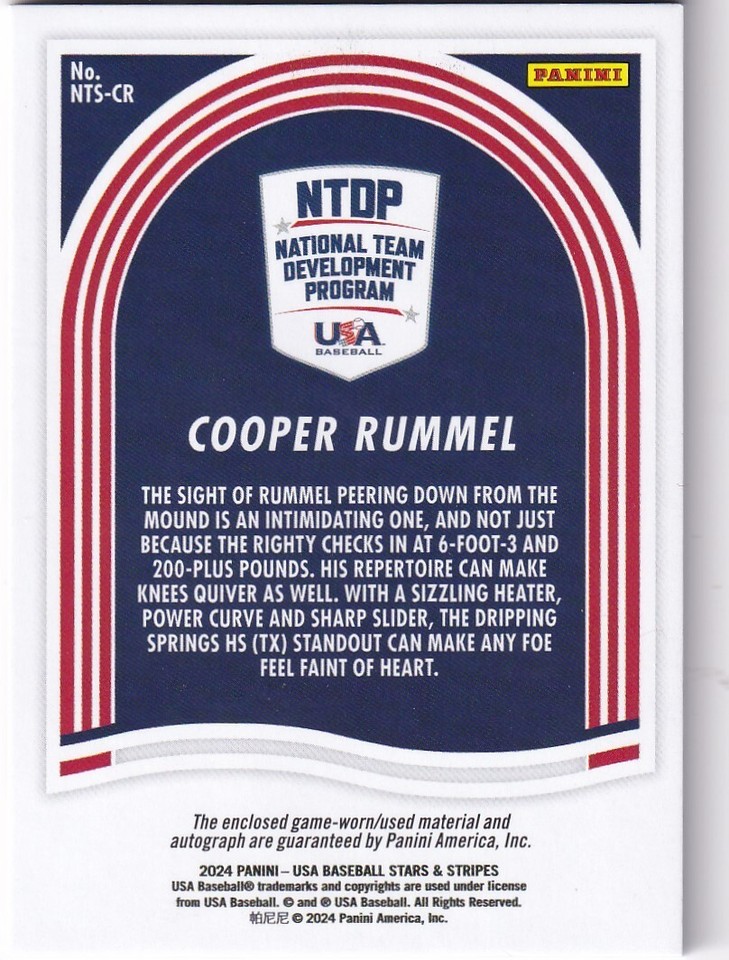 2024 Stars & Stripes USA Cooper Rummel 10/25 Autograph Red Auto Sic ...