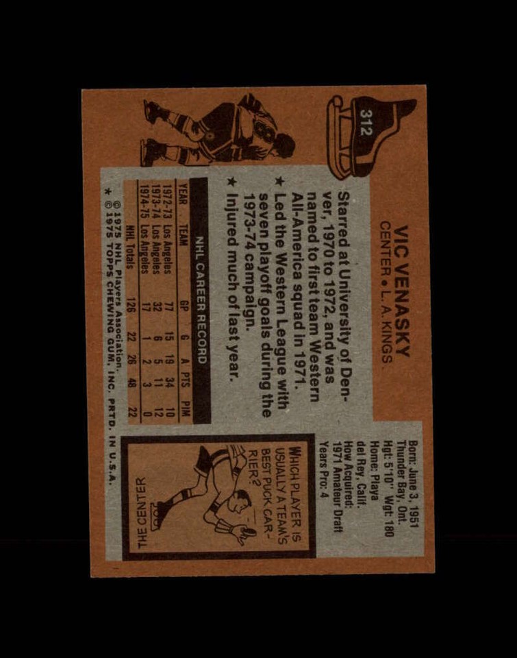 1975 Topps Hockey #312 Vic Venasky STARX 7 NM CS81507 | eBay