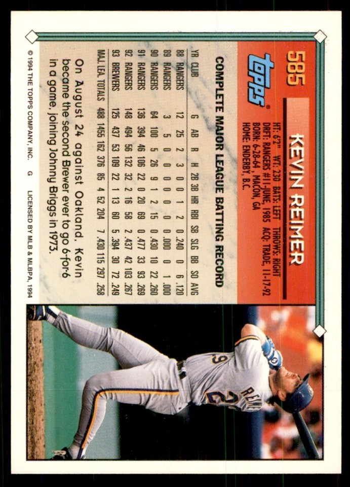 1994 Topps Kevin Reimer Baseball Cards #585 | eBay