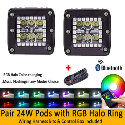 2x 3inch 24W Led Work Light Pods RGB Halo Multicolor Changing Music ...