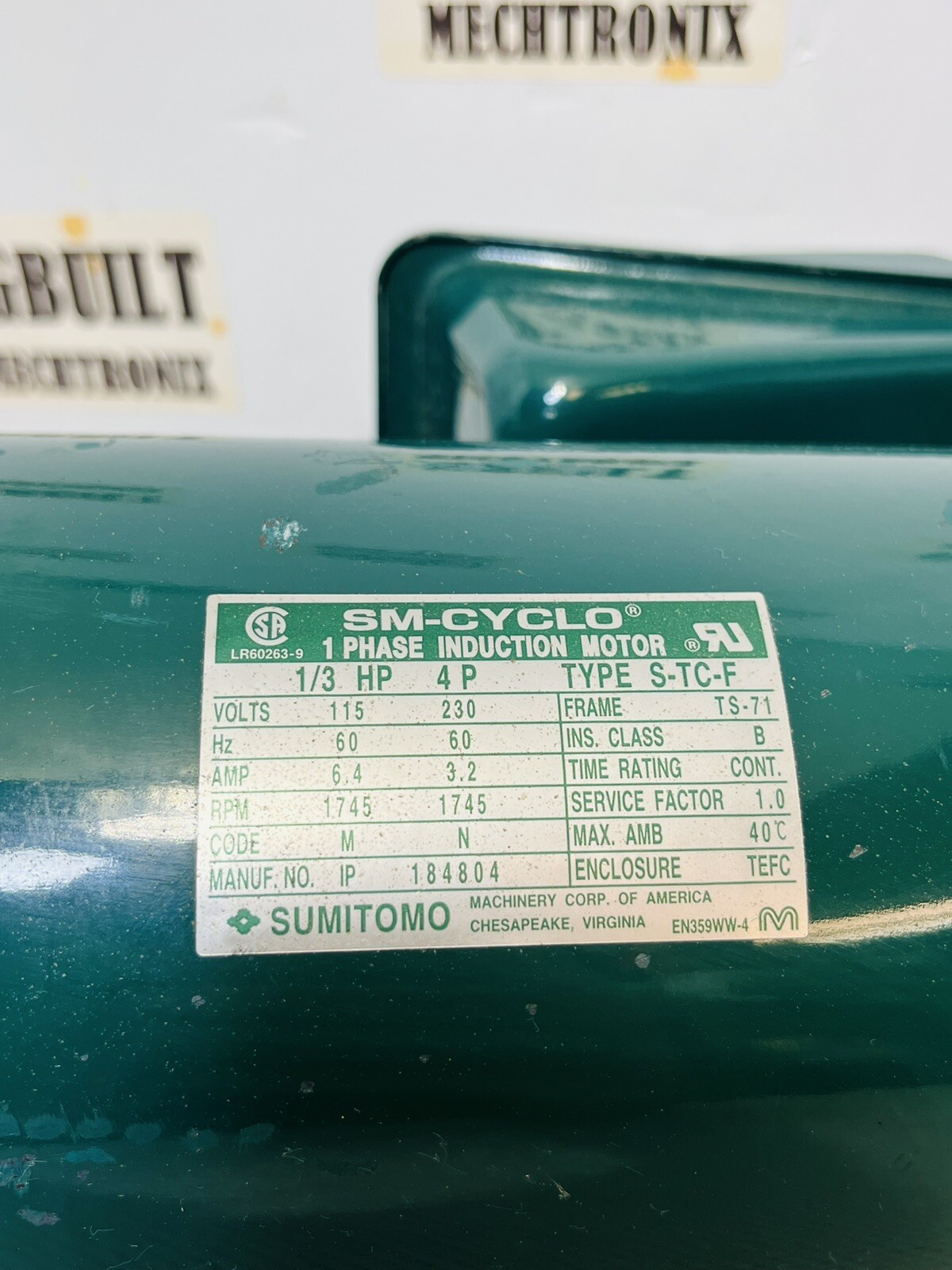 SINGLE PHASE SUMITOMO SM-CYCLO 115v/220v GEARMOTOR, CNHM03 1/3HP 87:1 ...