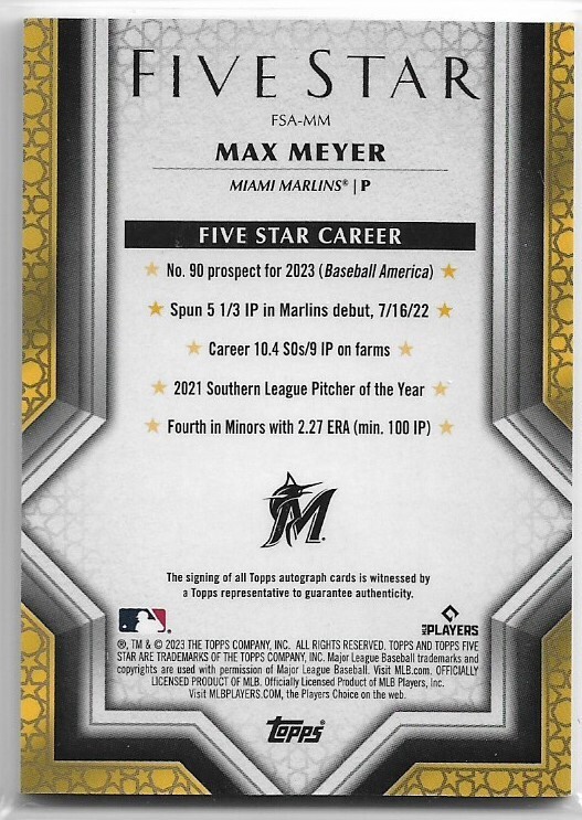 2023 Topps Five Star Max Meyer #FSA-MM On-Card Rookie Auto Miami ...