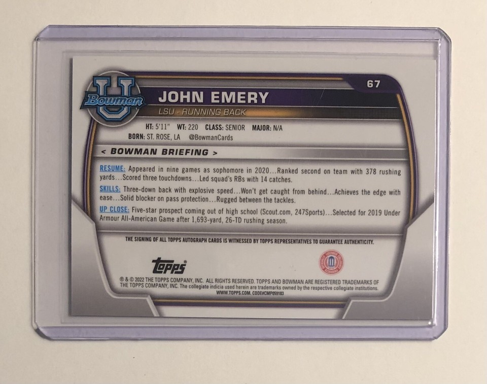 JOHN EMERY 2022 BOWMAN UNIVERSITY CHROME RC AUTO #67 LSU TIGERS ...
