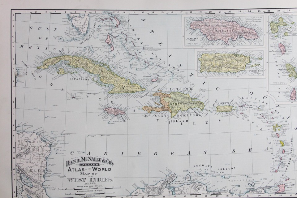 Original 1892 West Indies Cuba Jamaica Puerto Rico Map 22" x 16" Rand ...
