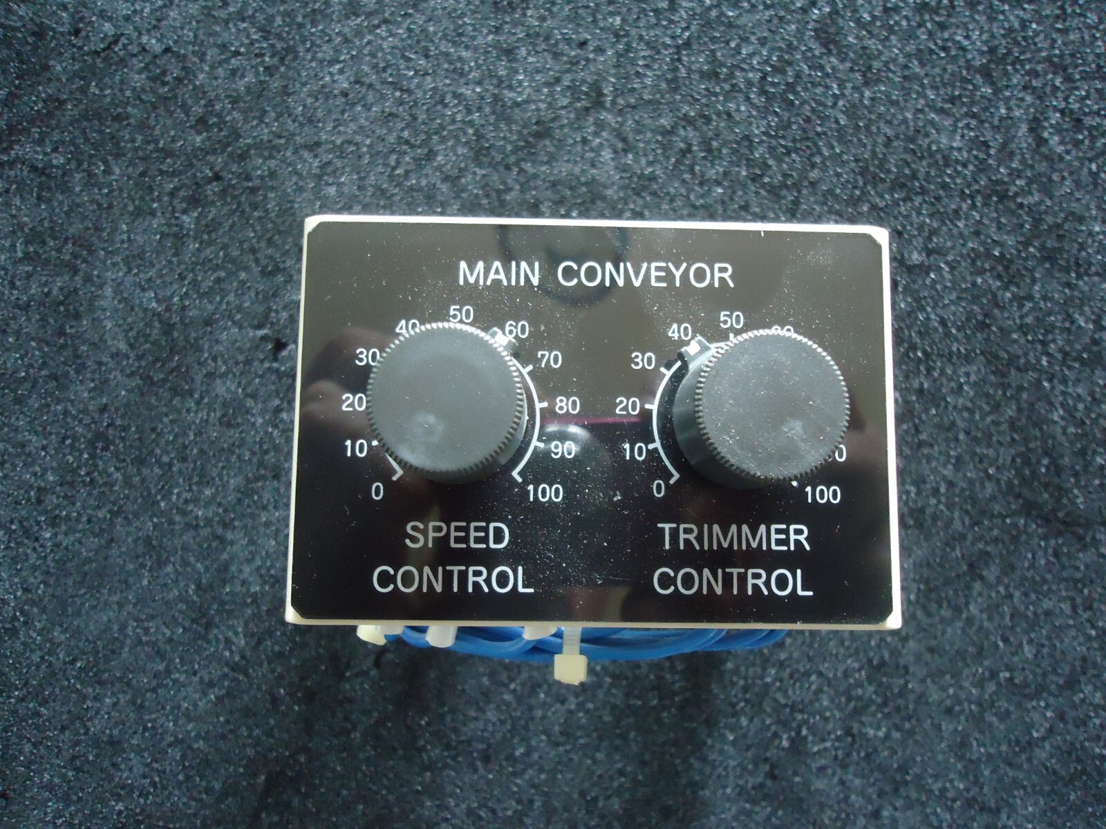 Speed control for conveyer. "Main conveyor" " Speed control", "Trimmer ...