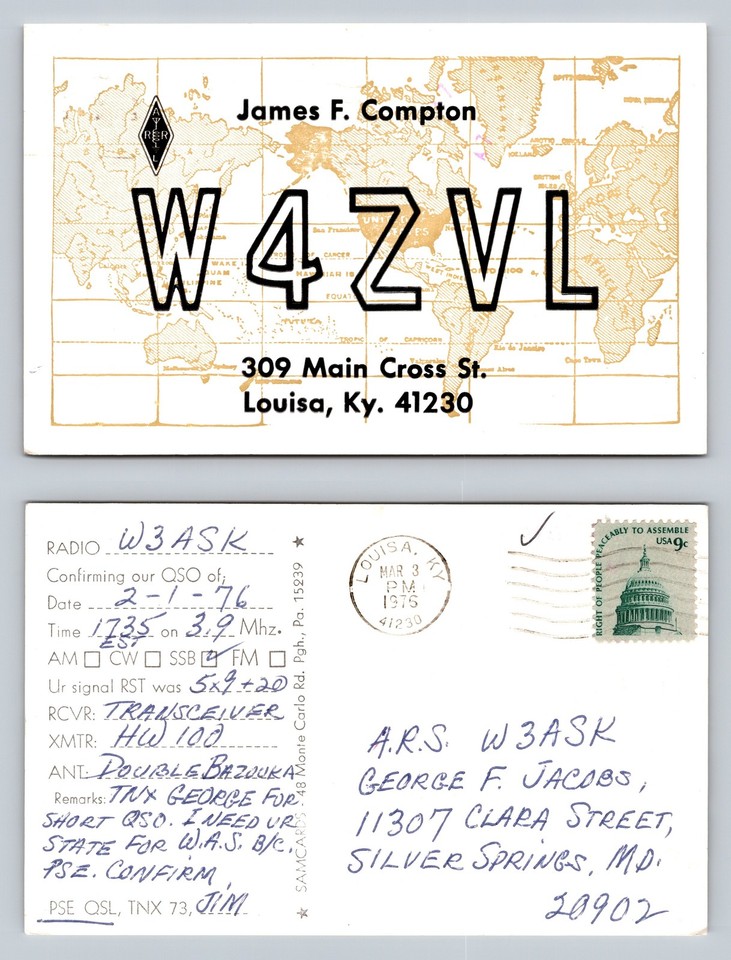 Ham Radio QSL QSO Postcard W4ZVL, Louisa, KY, USA | eBay