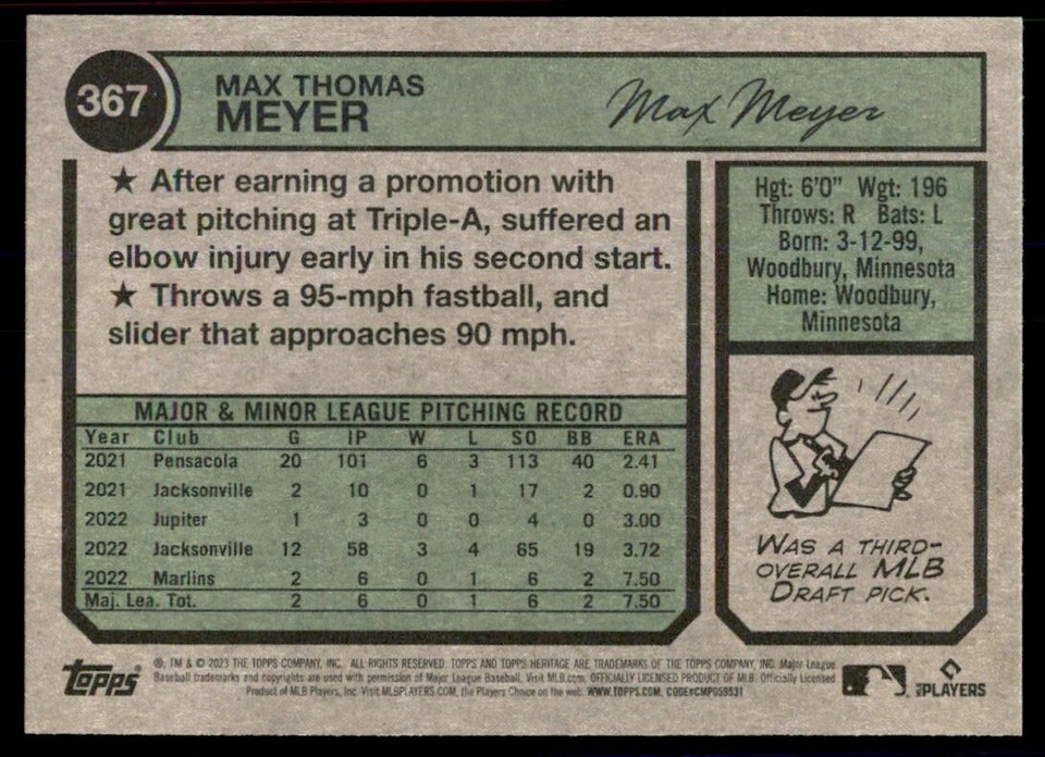 Max Meyer 2023 Topps Heritage Rookie Card RC #367 Miami Marlins | eBay