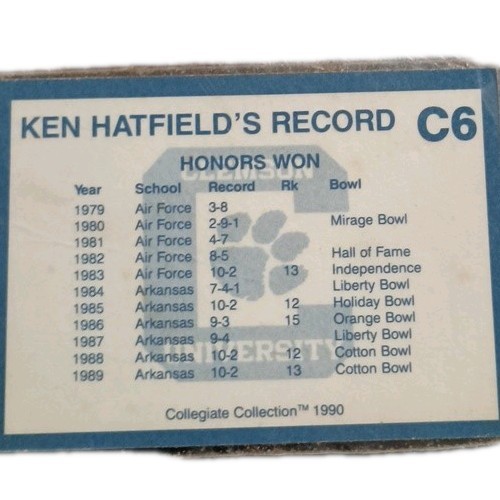 Clemson Football Coach Ken Hatfield Signed Collegiate Card 1990 "No COA ...